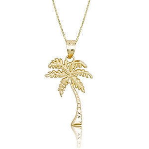 Honolulu Jewelry Company 14K Real Solid Yellow Gold Tropical Palm Tree Beach Necklace Pendant with 18" Box Chain