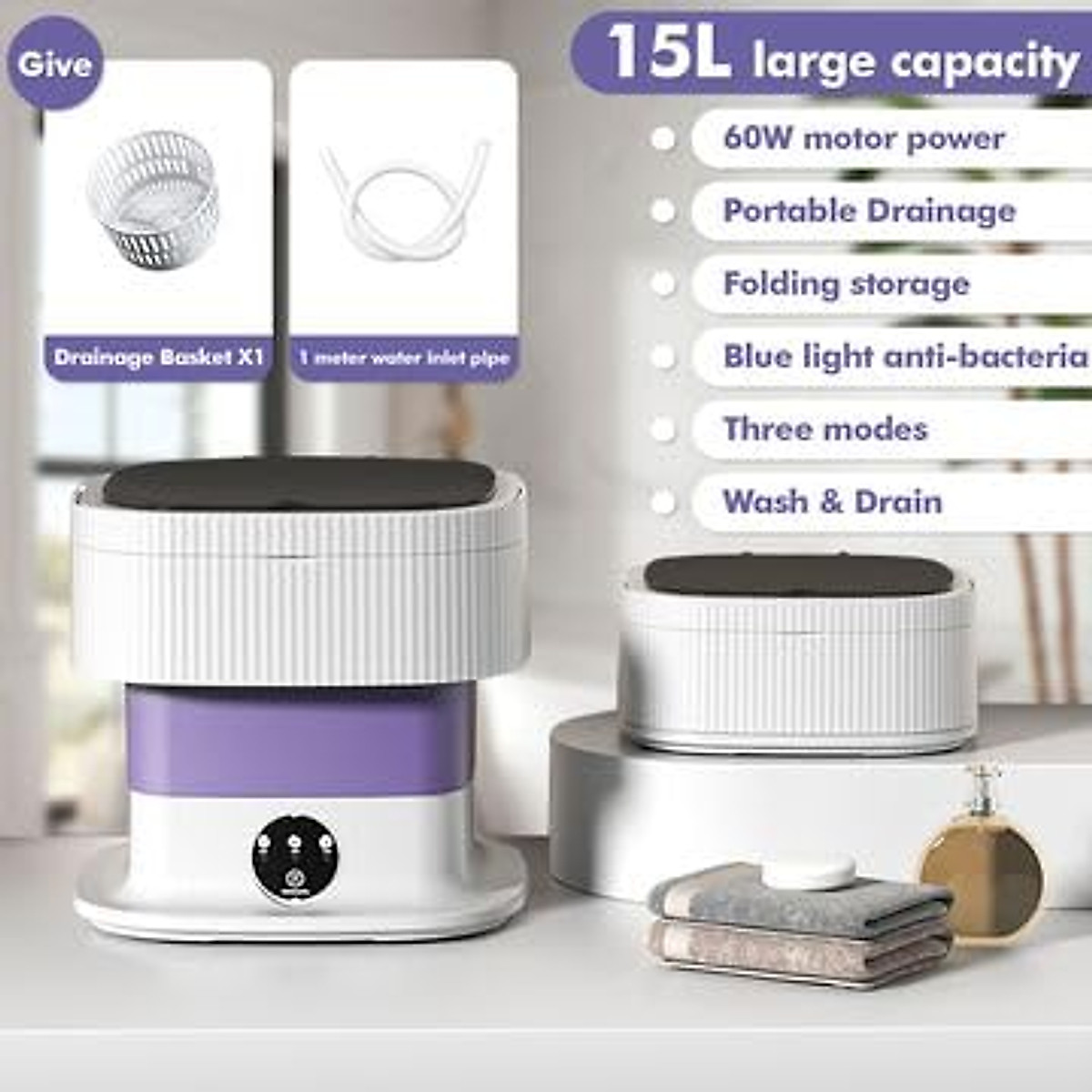 Portable Washing Machine, 15L Upgraded Mini Washing Machine and Spin Basket Deep Cleaning of Baby Clothes or Underwear, Small Foldable Washing machine for Apartments, Camping, Travel Laundry (PURPLE)