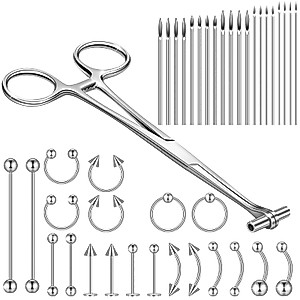 41 Pieces Body Piercing Tool Kit Include Septum Forceps Clamp Pliers 20 Pcs 316L Stainless Steel Piercing Needles and 20 Pcs Nose Ring Hoop Jewelry for Ear Lip Belly Navel Tongue (Classic Style)