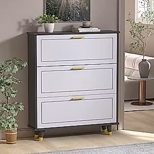 ECACAD Modern 3-Drawer Shoe Storage Cabinet, Wood 3 Tier Shoe Rack Storage Organizer for Entryway, Hallway, Black and White (35.4”W x 9.4”D x 47.2”H)
