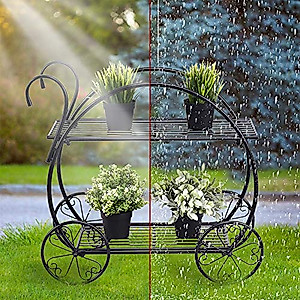 aboxoo Two-Tiered Garden Cart Metal Plant Stand, Succulent Flower Pot Holder Display Shelf for Indoor Outdoor Home Patio Garden Flower Shop, Parisian Style Plant Potted Rack(Black)