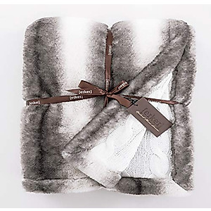 Cable Knit Sherpa Oversized Throw Reversible Blanket Faux Sheepskin Lined Cozy Cotton Blend Sweater Knitted Afghan in Grey White or Turquoise Blue (White Chinchilla)