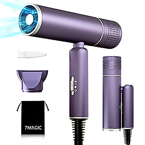 7MAGIC Foldable Hair Dryer, Powerful Ionic Blow Dryer for Fast Drying, Travel Hair Blow Dryer with Storage Bag, Lightweight Portable Hairdryer for Women, Cold/2 Heating/2 Speed Settings, Purple