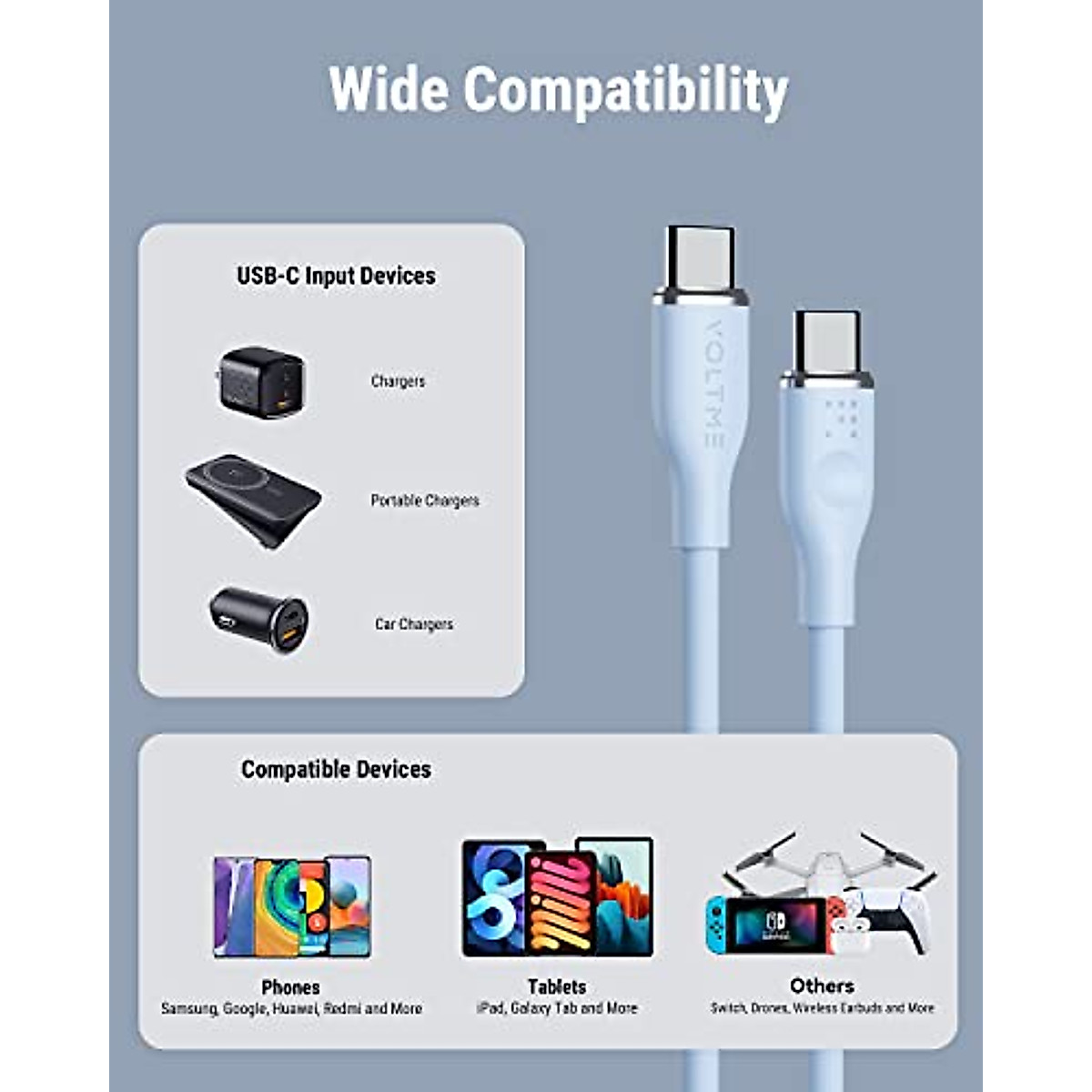 VOLTME USB C Cable, 60W USB C to USB C Cable 6ft, USB 2.0 Type C Charging Cable Fast Charge Cord for MacBook Pro 2020, iPad Pro 2020, iPad Air 4/5, MacBook Air 2020, Galaxy S21, Switch (Blue)