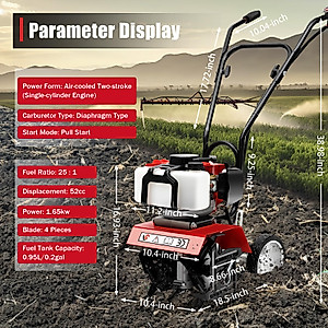 WUPYI Commercial 52cc Gas Powered Mini Tiller Cultivator Farm Plant Garden Yard Lawn Tilling,2HP 2-Stroke,1.45KW