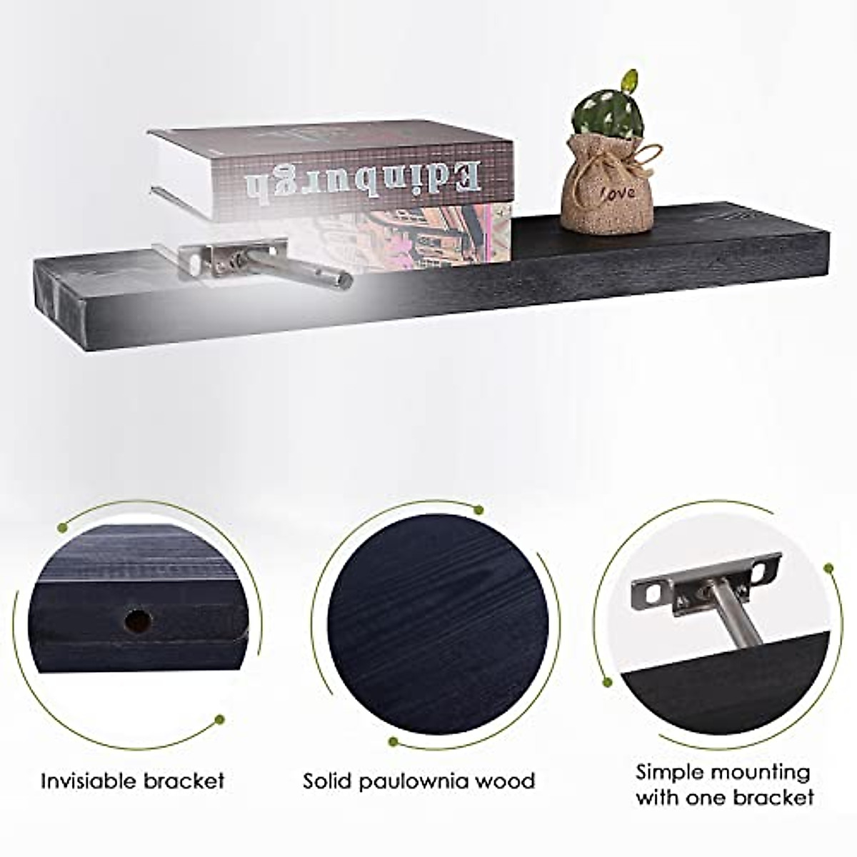 QTSARTISAN Floating Shelf Set — Rustic Solid Wood Hanging Rectangle Wall Shelves with Invisible Metal Brackets for Bedroom, Bathroom, Living Room and Kitchen (Black, 36" x 5.9")