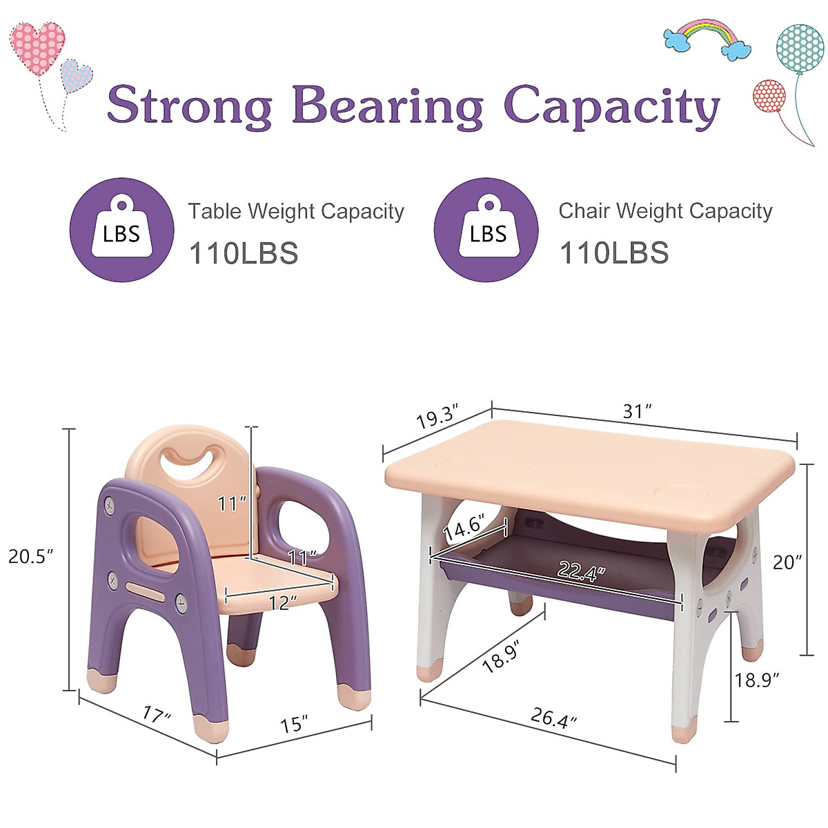 KINTNESS Kids Table and 2 Chair Set - Activity Table with Storage Shelf for Children, Toddler Table & Chair Set for Kindergarten (Pink + Purple)