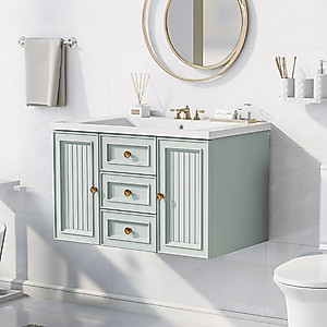 Bellemave Wall Mounted Bathroom Vanity with Ceramic Sink Combo, Modern 30" Bathroom Vanity Set with Drawers & Storage Cabinet Wood Hanging Bath Cabinet(Green)