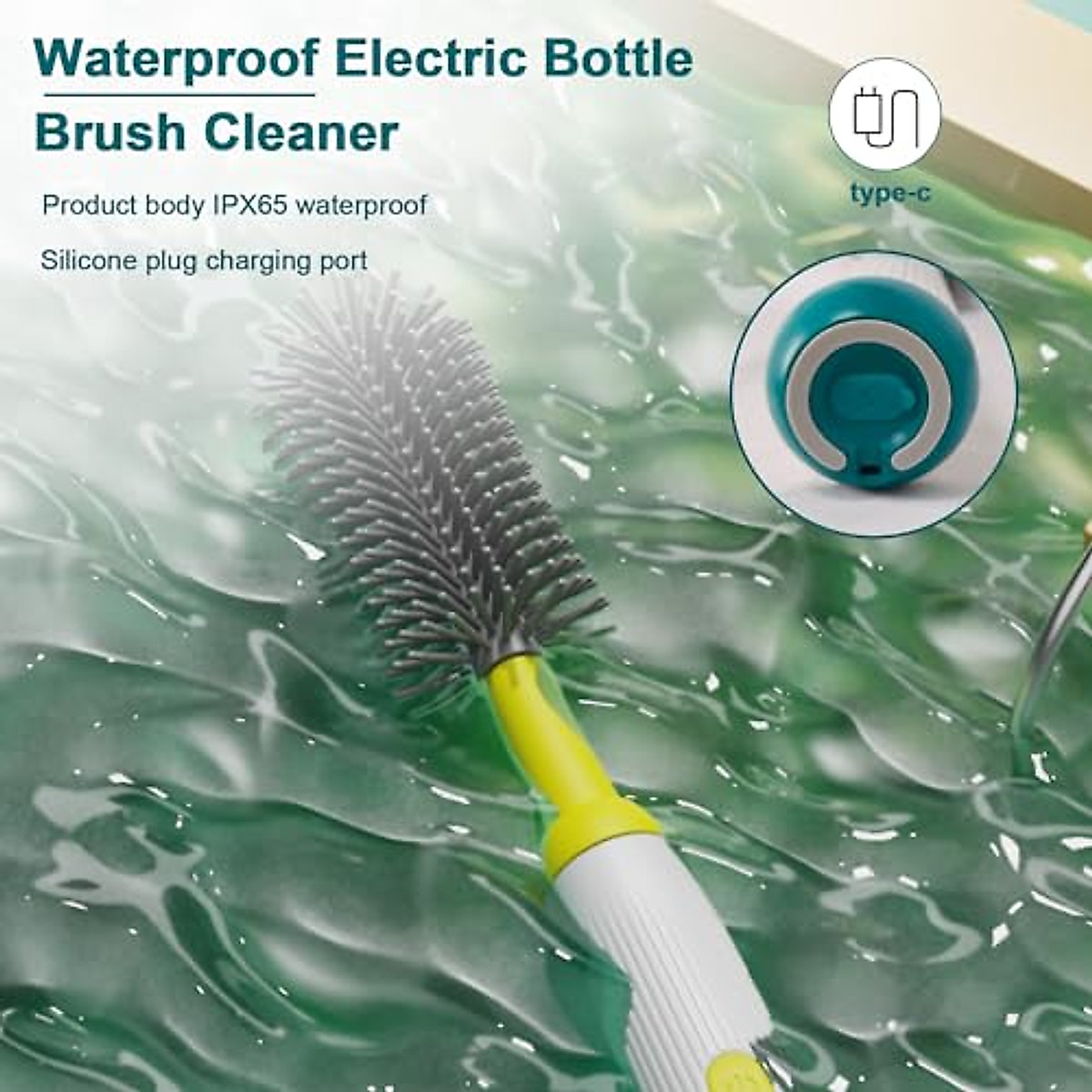 WHNL Electric Bottle Brush Set, 360°Automatic Bottle Cleaner Brush with 3 Sizes Replaceable Silicone Bottle Brush and Straw Cleaner Brush,Extension Handle for Long Bottles.IPX65& Rechargeable (Green)