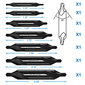 7 Packs Center Drill Bits Set, Black Oxide Coating M2 High Speed Steel Center Drill Bits Kit 60 Degree Angle Countersink Bit Tool for Lathe Metalworking Size 1.0 1.5 2.0 2.5 3.0 4.0 5.0 with Case