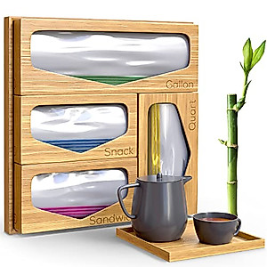 Homelie | Premium Bamboo Ziplock Bag Organizer & Extra Tray - 4 Sizes Bamboo Baggie Storage Organizer for Best Home Kitchen Organization, Drawer and Pantry Sandwich Plastic Bags Containers Organizers