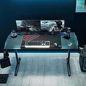 DESIGNA 55 Inch Gaming Desk with Led Lights, RGB Large Gaming Computer Desk with Free Mouse Pad,PC Gaming Table Gamer Desk Workstation with USB Handle Rack, Cup Holder,Headphone Hook, Black