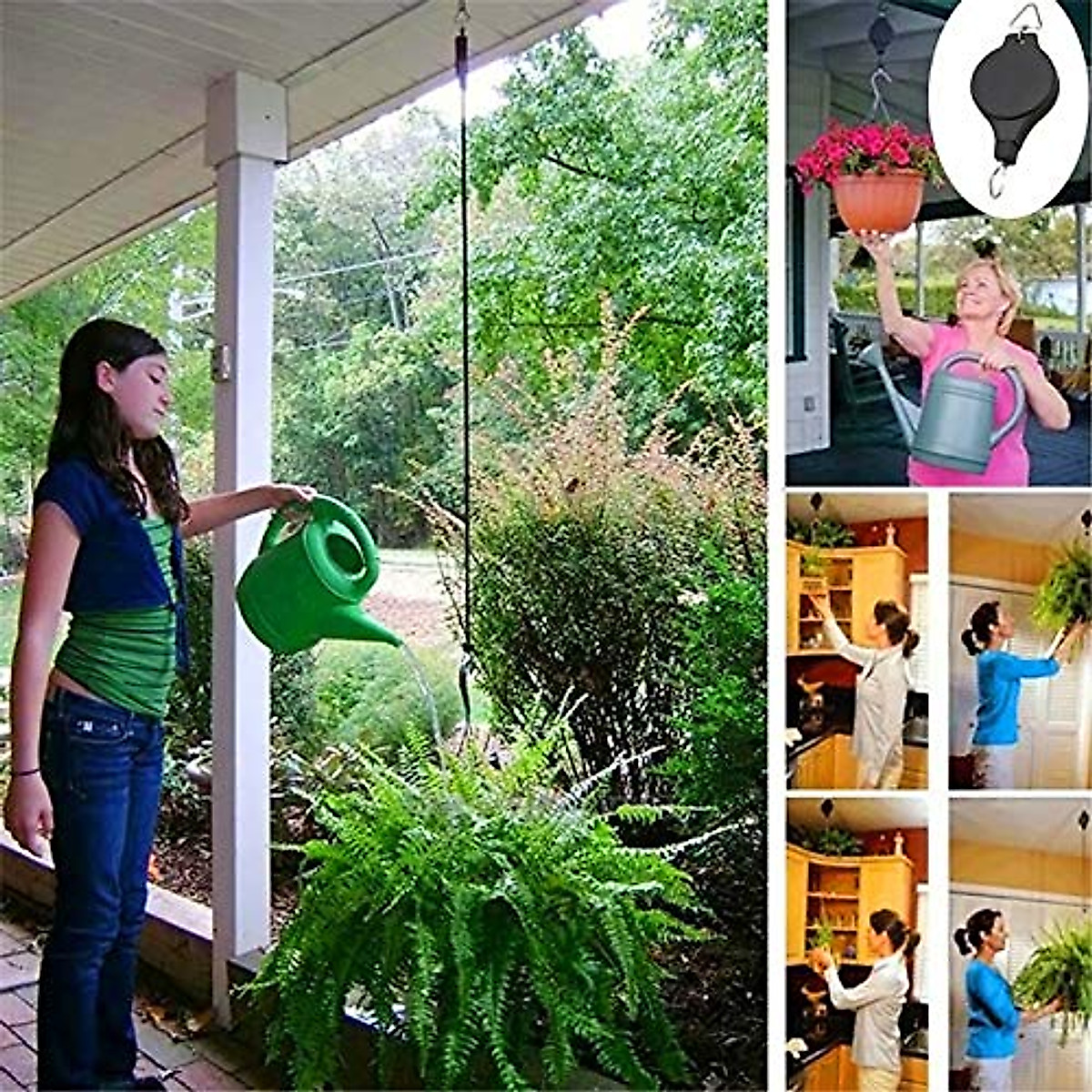 4 Pack Retractable Plant Pulley, Plant Hook Pulley for Garden Baskets Pots and Birds Feeder in Different Height Lower and Raise(Black)