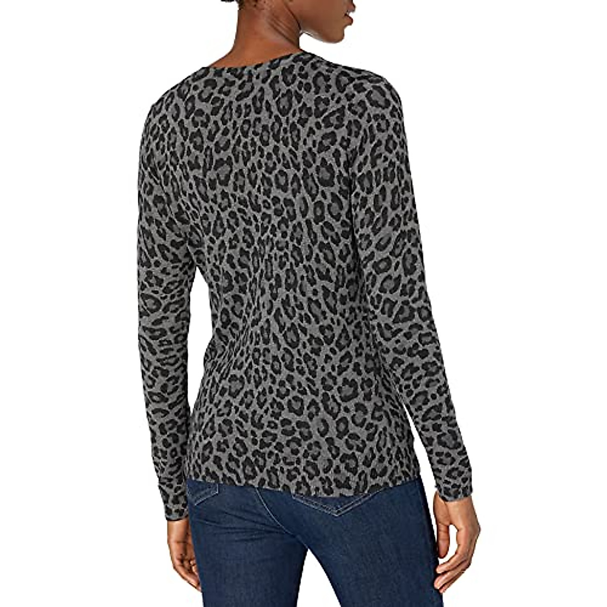 Amazon Essentials Women's Classic-Fit Lightweight Long-Sleeve V-Neck Sweater (Available in Plus Size), Grey Heather Leopard Print, Large