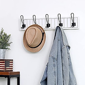 MyGift Farmhouse Wall Mounted White Wood and 5 Black Metal Wire Loop Dual Hooks Coat Rack, Decorative Hangers for Entryway Hats, Bathroom Towels, Closet Clothes