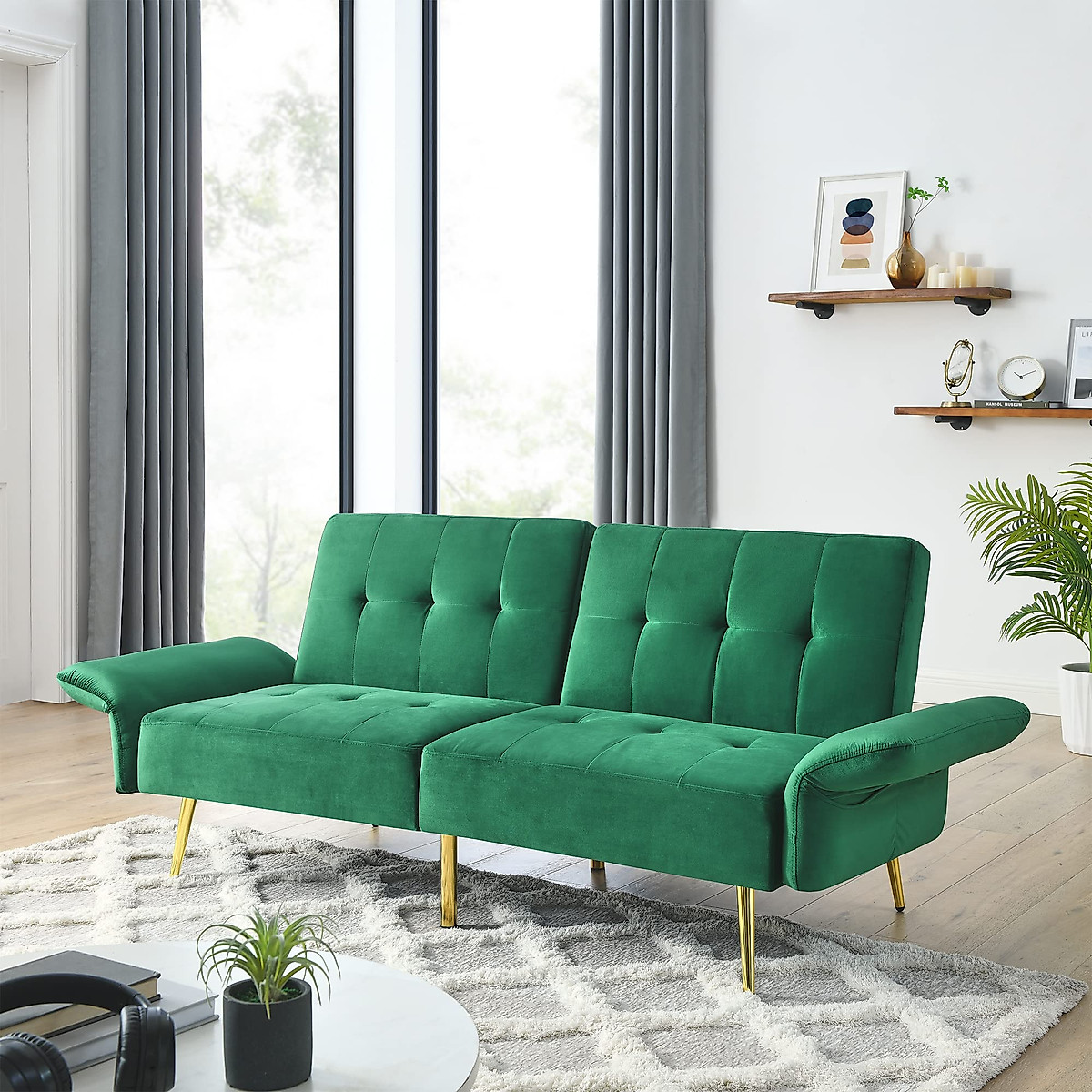 LOPOO 78" Italian Velvet Convertible Futon Sofa Bed, Modern Sleeper Loveseat Couch with Adjustable Armrests, Storage Bags, Gold Stainless Steel Feet, Tufted Back, Foam-Filled, Solid Wood Frame, Green