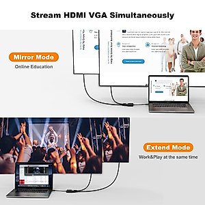 CableCreation USB C to HDMI VGA Adapter, Type C to VGA to USB C Thunderbolt 3 for Dual Monitor Adapter Compatible with iPhone 15 Plus/15 Pro Max, Galaxy S22 Ultra, MacBook Pro 2020, iPad Pro 2020