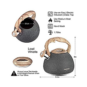 POLIVIAR Tea Kettle, 2.7 Quart Natural Stone Finish with Wood Pattern Handle Loud Whistle Food Grade Stainless Steel Teapot, Anti-Hot Handle and Anti-Rust, Suitable for All Heat Sources (JX2018-GR20)