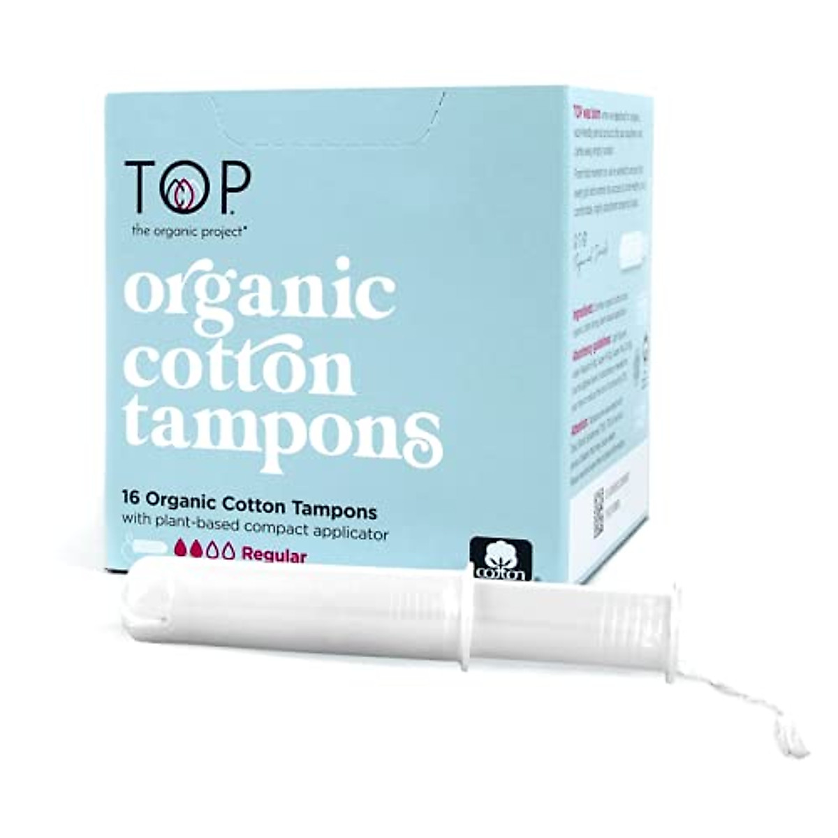 TOP the Organic Project: 100% Organic Pure Cotton Tampons | (Unscented, Dye & Chemical Free. Safe, Thin & Superior Protection), Eco-Conscious, Plant Based Applicator, Regular (16)