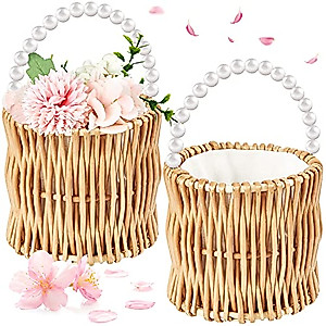 Set of 2 Wicker Wedding Flower Girl Baskets Pearl Wicker Rattan Flower Basket Handwoven Easter Basket Wicker Basket with Handle Straw Beach Bags Purse Wicker Tote for Candy Garden Home, 5.9 x 5.5 Inch