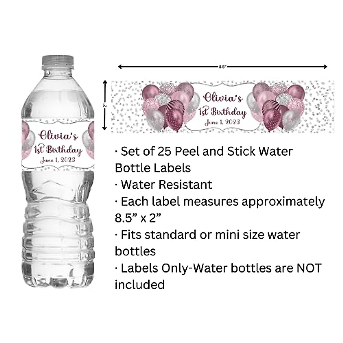 Personalized Water Bottle Labels, Birthday Party Favors, Balloon Design, Pack of 25 Peel and Stick Waterproof Wrappers