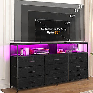 EnHomee 55” W Dresser, Black Dresser for Bedroom with Power Outlet & LED Lights 65" TV Stand for Bedroom Dresser with 9 Fabric Drawers, Sturdy Dressers for Bedroom, Closet, Entryway