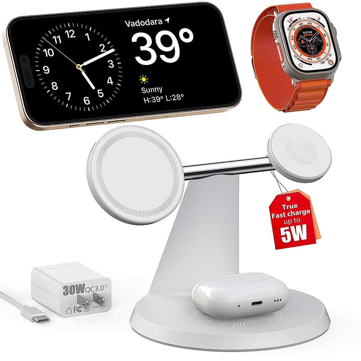 3 in 1 Charging Station for Apple Devices,Mag-Safe Charger Stand Fast Charging,Wireless Charger for iPhone 15/14/13/12 Series,Apple Watch Series 1-9/Ultra,AirPods Pro(30W USB Charger Included)