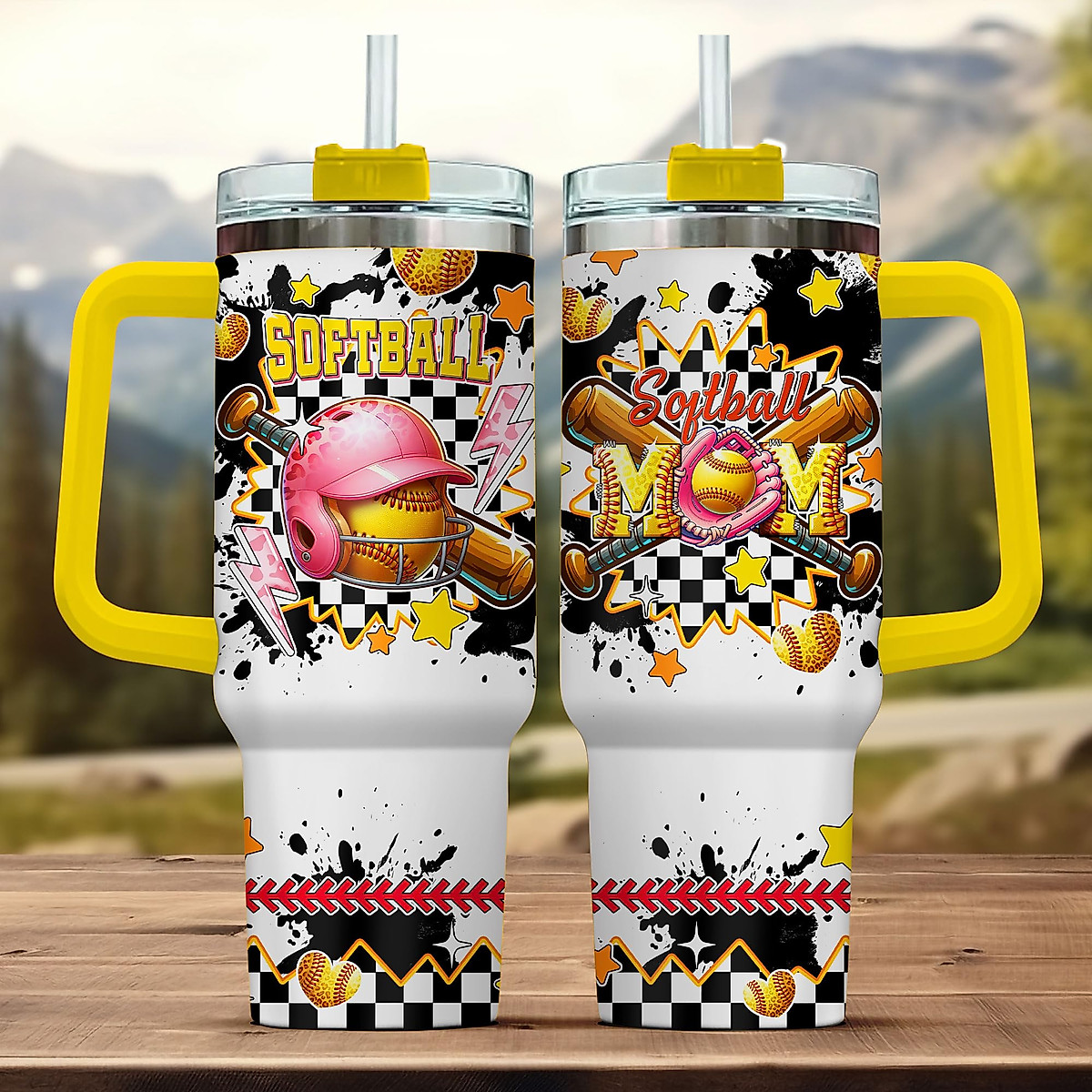 99OWL Green Water Yellow Black Handle Simply Straws Modern Simple Checkered White Tumblers, Softball Gifts, Softball Mom Checked, Tumbler 40 Oz With Handle Lid And Straw