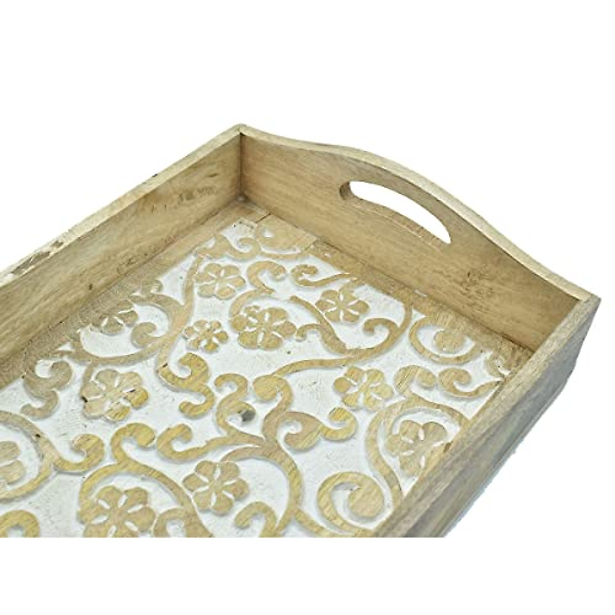 Hand Carved Wooden Breakfast Serving Tray with Handle for Breakfast Tea Snack Dessert | Kitchen Dining Serve-Ware Accessories | 15 x 10 Inches | 2048