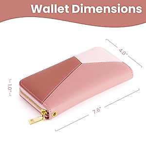 OYATON Wallet for Women - Large Faux Leather Women's Zipper Wristlet Wallet with Detachable Strap - Long Clutch Wallet with Cell Phone Pocket (Pink Red)