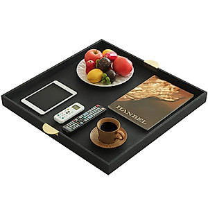 HofferRuffer Extra Large Square Serving Tray, Elegant Faux Leather Ottoman Tray with Gold Hardware Handles, Serve Tea, Coffee or Breakfast in Bed, 23.6 x 23.6 inches, Black Large Square Tray