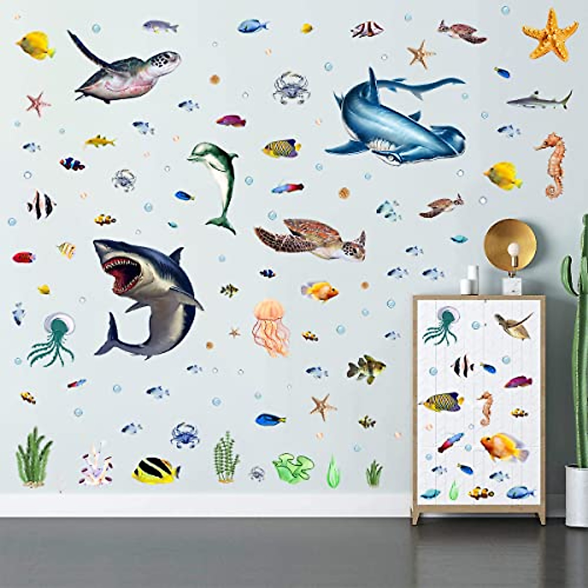 MEFOSS 142 PCS 3D Under The Sea Ocean Animals Wall Decal DIY Fish Dolphin Turtle Starfish Seaweed Shark Wall Stickers for Kids Room Playroom Nursery Classroom Bathroom Decor