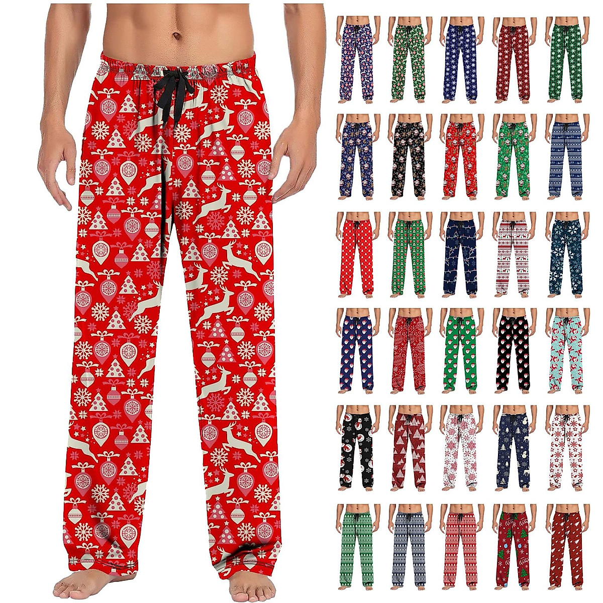 Christmas Pajamas for Men Long Pants Funny Tree Snowflake Print Pajama Bottoms Drawstring Elastic Lightweight Soft Sleepwear (A7-Green,X-Large)