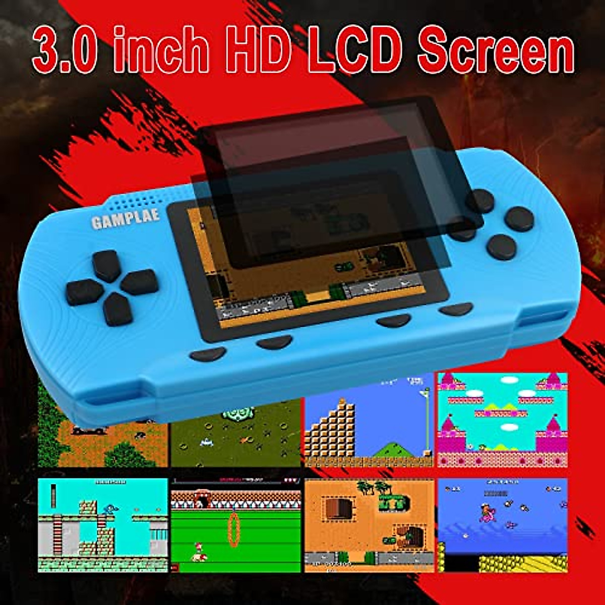 Handheld Game Console for Kids, Video Games Retro Hand Held Games Electronic Gaming Player 3.0'' Screen Built-in 258 Classic Games TV Output Rechargeable Arcade Games-Blue