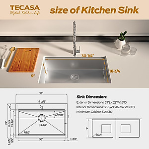 TECASA Workstation Kitchen Undermount Sink, 33 inch Drop-in Sink with Faucet Combo, Dual Mount All-in-One Single Bowl Stainless Steel Sink with Integrated Ledge and Accessories (Pack of 5)