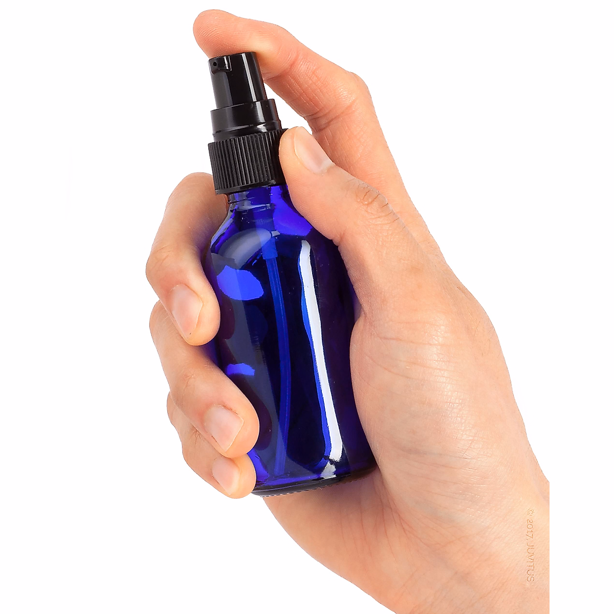 JUVITUS 2 oz Cobalt Blue Glass Boston Round Black Treatment Pump Bottle (24 Pack) + Funnel and Travel Size Foamer for Soap