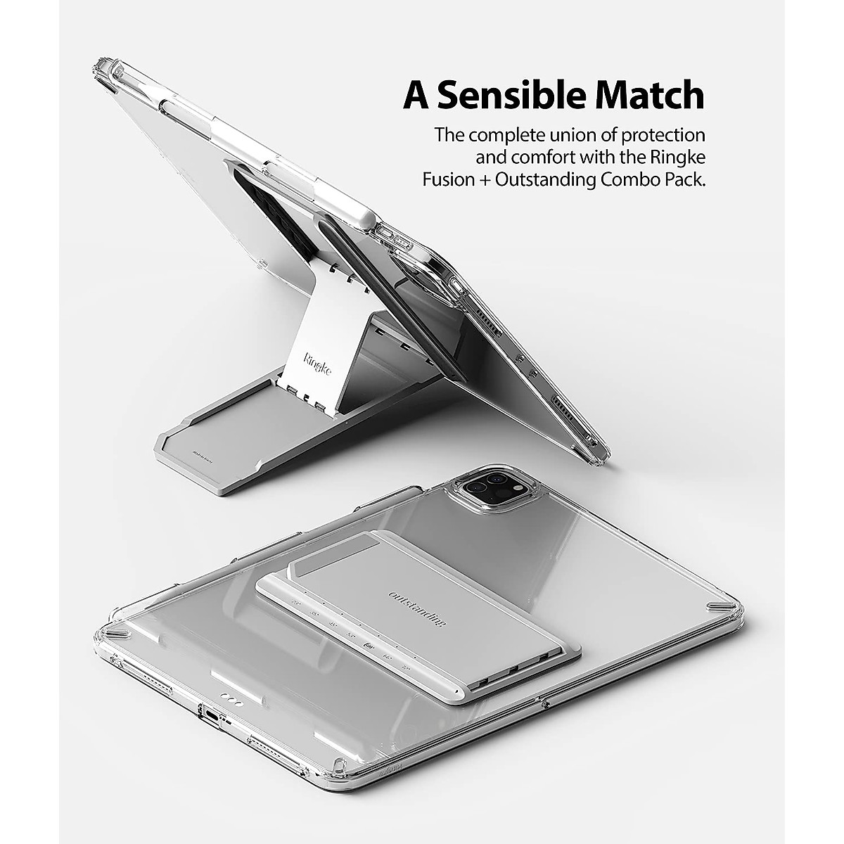 Ringke Fusion with Outstanding [Case + Stand] Compatible with iPad Pro 11 Inch Case (4th 2022, 3rd 2021, 2nd 2020, 1st 2018) Transparent Cover with Pencil Holder + Kickstand - Clear & Light Gray