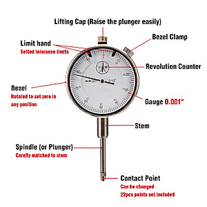 LAIWOO Dial Indicator with Magnetic Base Holder 0-1" Tester Gage Gauge 0.001" Fine Adjustable Long Arm