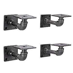 PIPE DECOR Industrial Shelf Brackets with Square Flanges, Set of Four, Malleable Iron Fittings for Custom DIY Floating Shelves, Vintage Furniture Decorations, Wall Mounted