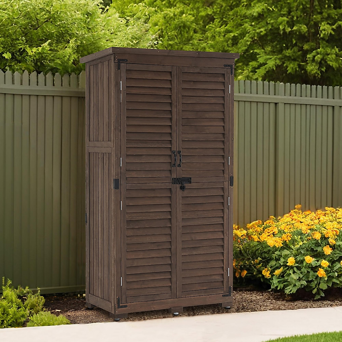 MCombo Outdoor Storage Cabinet, Garden Storage Shed, Outside Vertical Shed with Lockers, Outdoor 63 Inches Wood Tall Cabinet for Yard and Patio 0870 (Brown)