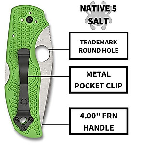 Spyderco Native 5 Salt Folding Pocket Knife with 2.95 Inch Corrosion-Resistant LC200N Steel Blade and Green FRN Handle - SpyderEdge - C41SGR5