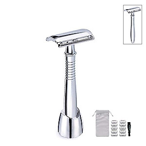 Heavy Duty Chrome Double Edge Safety Razor & Base Stand Long Handle Lengthen Version w/ 10 Platinum Super Sharp Blades + Mini Cleaning Brush & Pouch Manual Wet Shaving Gift Set for Men & Women