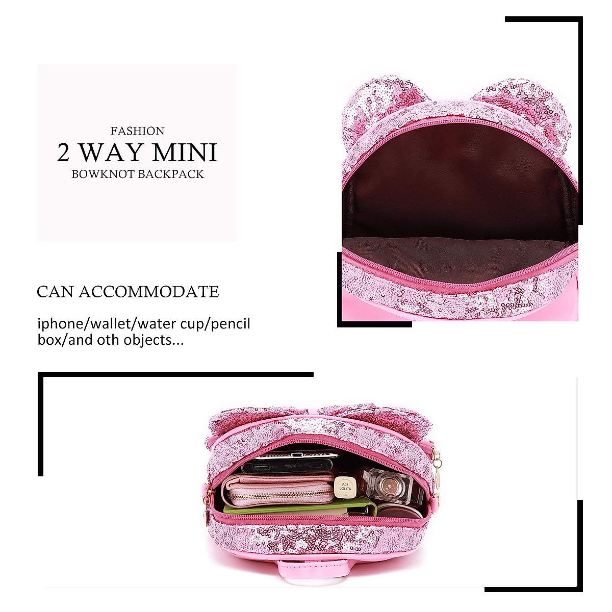 KL928 Girls Bowknot Polka Dot Cute Mini Backpack Small Daypacks Convertible Shoulder Bag Purse for Women (Pink)