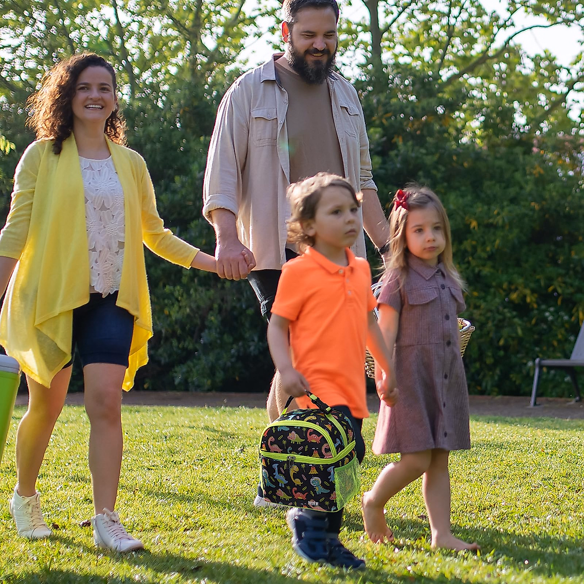 MIER Kids Lunch Bag for Boys Girls Insulated Toddlers Lunch Box Bags Kid Lunch Cooler Tote for School Picnic Travel Outdoor, Dual Compartments, Green/Black-Dinosaur