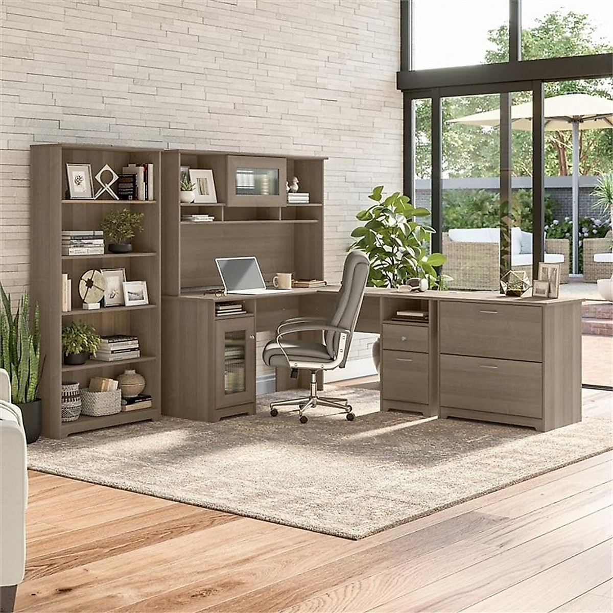 Bush Furniture L Shaped Desk with Hutch, 5 Shelf Bookcase and Lateral File Cabinet | Cabot Collection Corner Computer Table with Storage and Bookshelf | 60Wx23DX37W