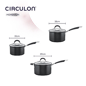Circulon Non Stick Saucepan Set of 3 – Saucepans for Induction Hobs 16, 18 & 20cm with Toughened Glass Lids & Soft Grip Handles, Dishwasher Safe Pan Set, Black
