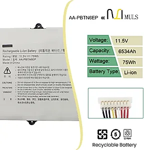 MULS AA-PBTN6EP 75Wh Laptop Battery for Samsung Notebook 9 900X3T 900X5T 930XBE 950XBE NP900X3T NP900X5T NP950XBE NT900X3T NT900X3U NT900X5T NT900X5U