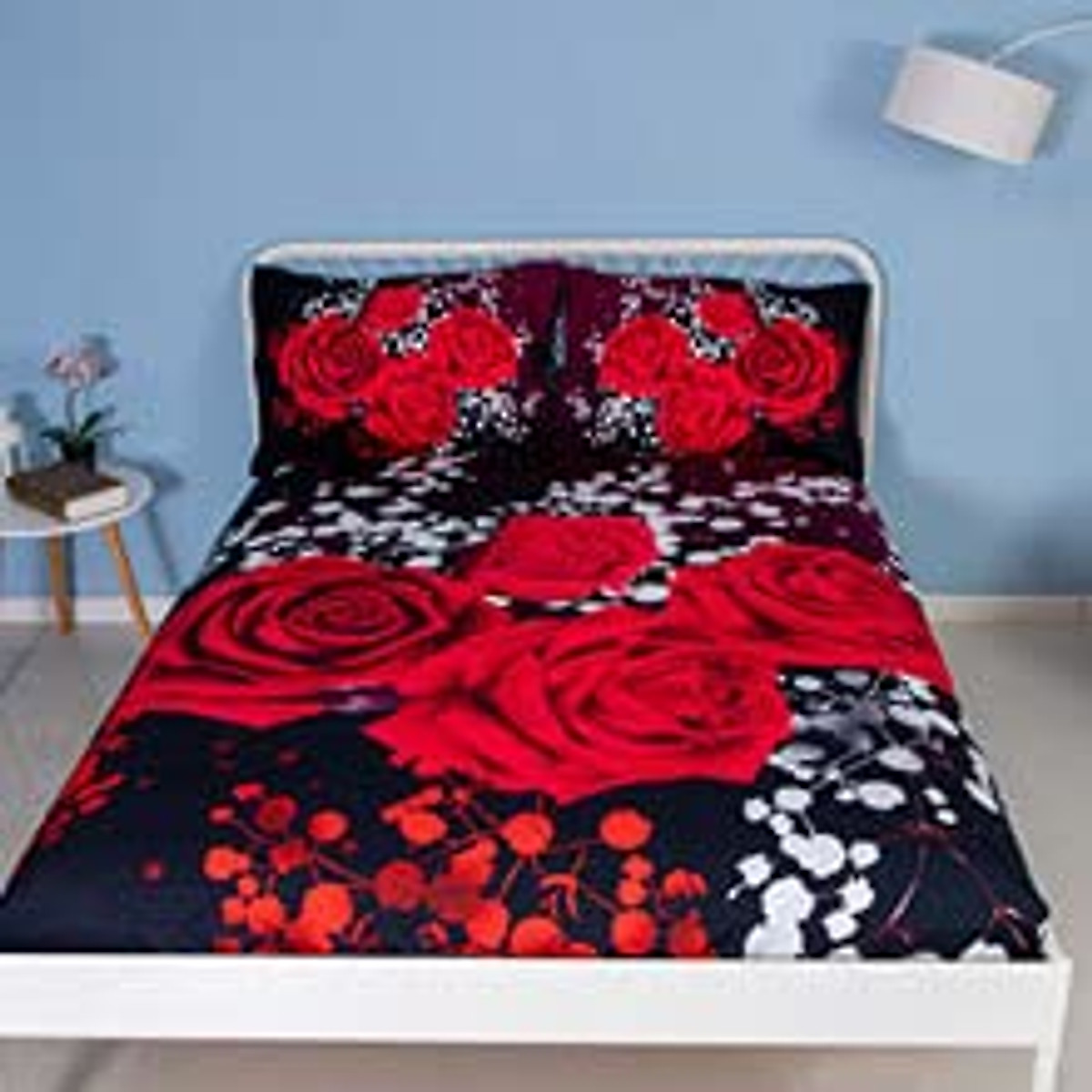 3D Oil Red Rose Bedding Sets 4PC,(1PC Duvet Cover,1PC Bed Sheet,2PC Pillowcase),100% Cotton King Queen Size Red Rose Duvet Cover Sets,Queen/Full Size