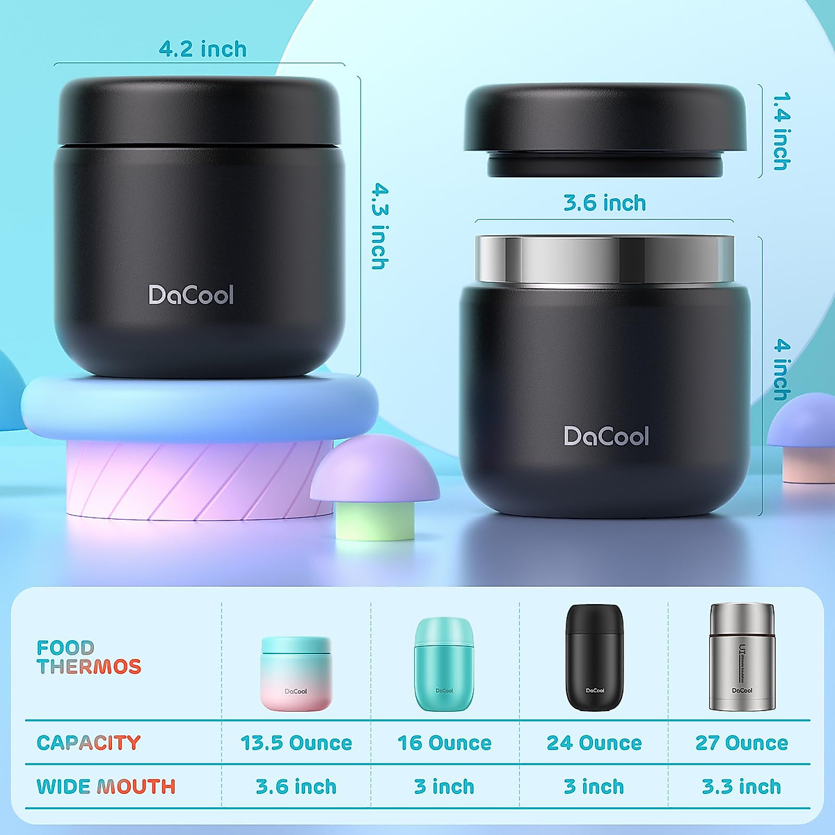 DaCool Insulated Food Jar Adults Food Thermos for Hot Food Lunch Boxes 27 OZ Vacuum Stainless Steel Hot Cold Food Jar for Adults Women Man Wide Mouth for School Office Picnic Travel Outdoors, Black