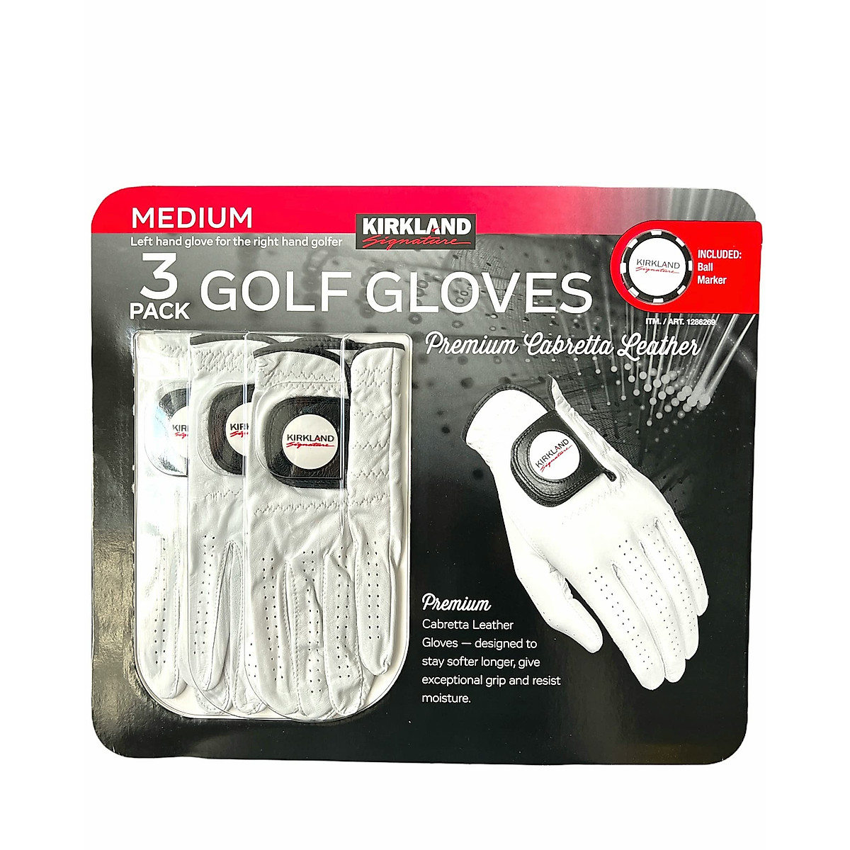 Kirkland Signature Men's Golf Gloves Premium Cabretta Leather, Medium, 3 Pack